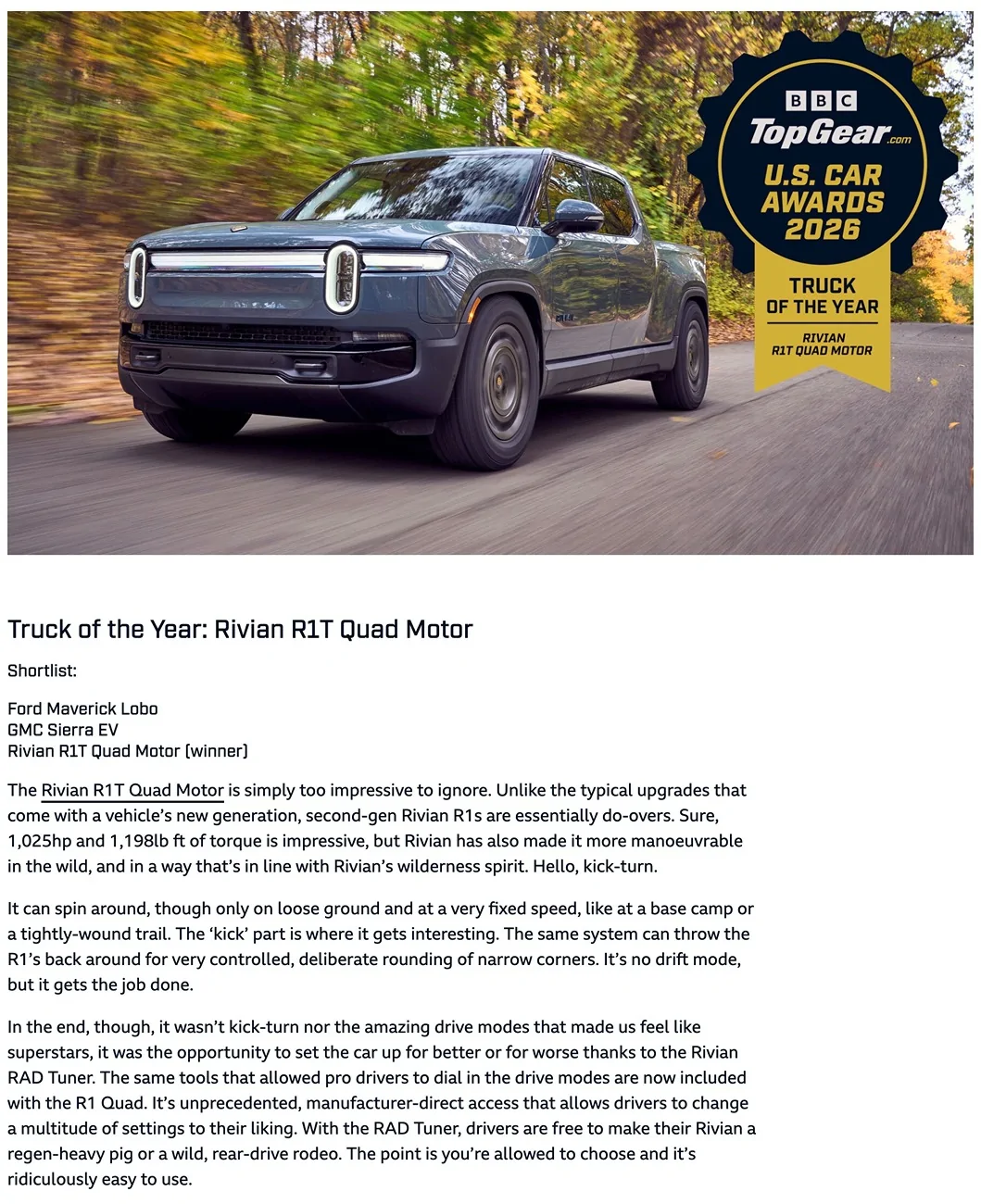 Truck of the Year: Rivian R1T Quad Motor (TopGear.com US Car Awards ...