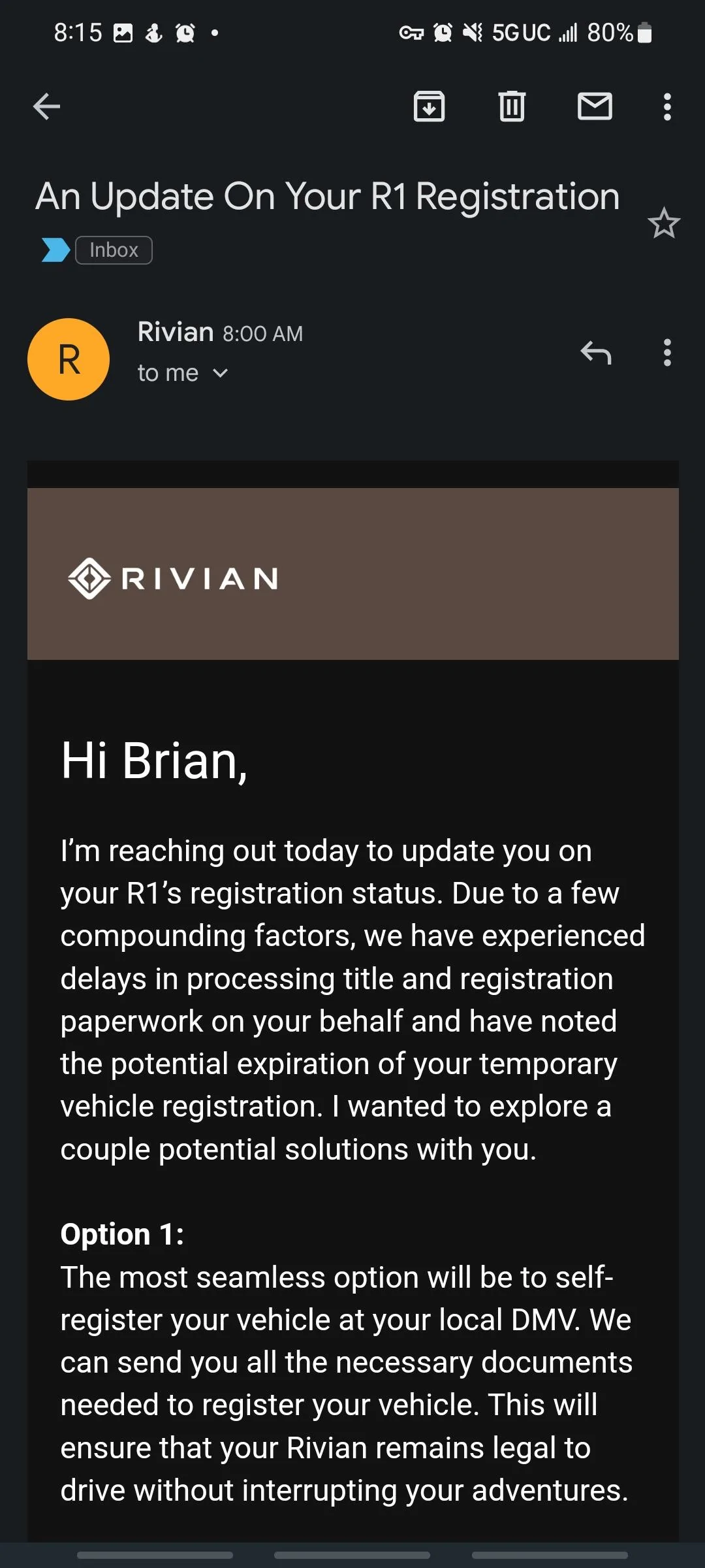 [Email] An Update On Your R1 Registration | Rivian Forum - R1T R1S R2 ...