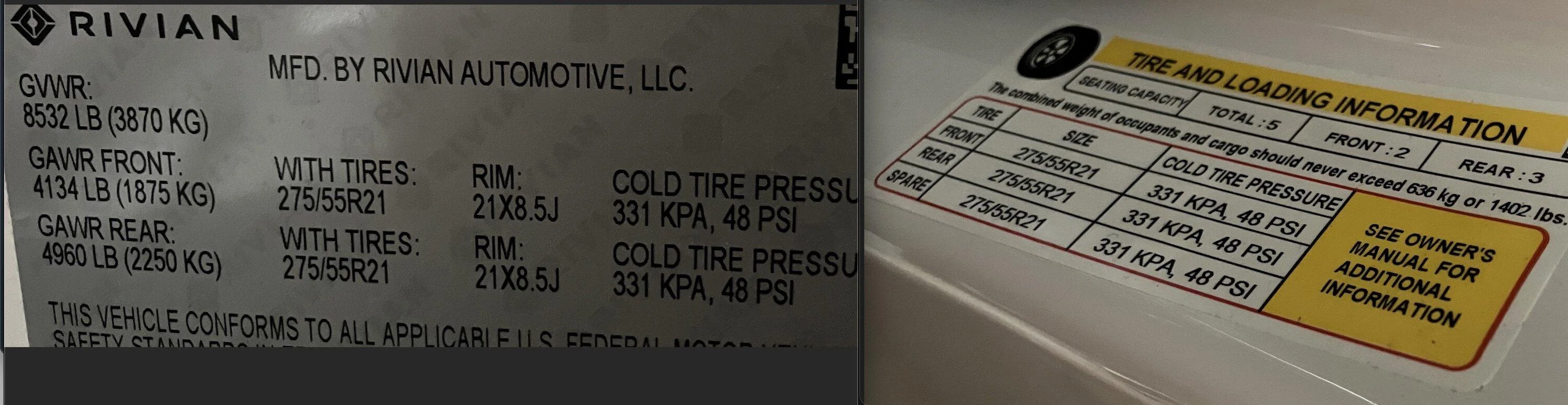 Compiled payload ratings for R1T (GVWR, GAWR, Payload Stickers ...