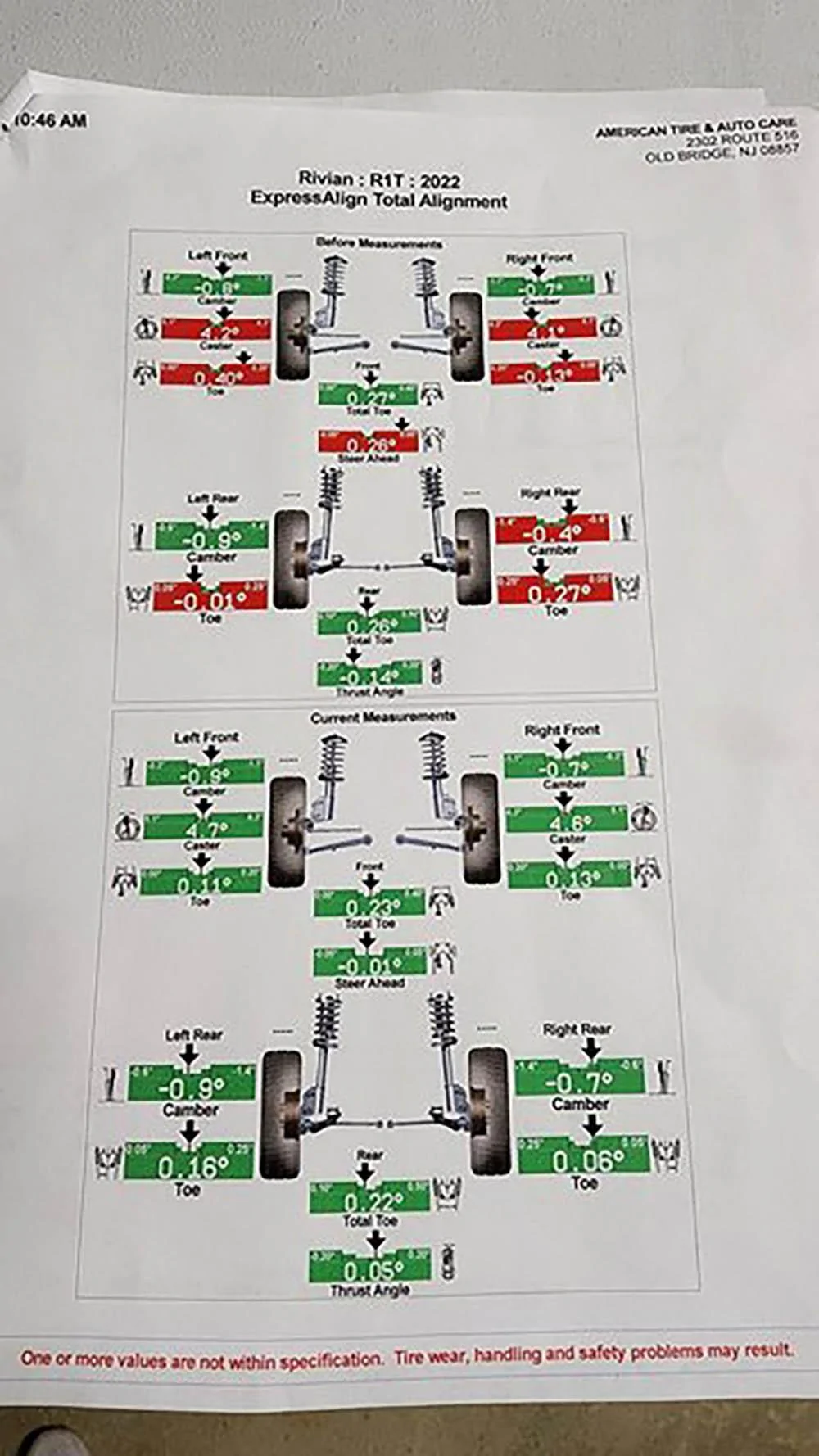 Had my R1T alignment fixed at independent 3rd party alignment shop ...