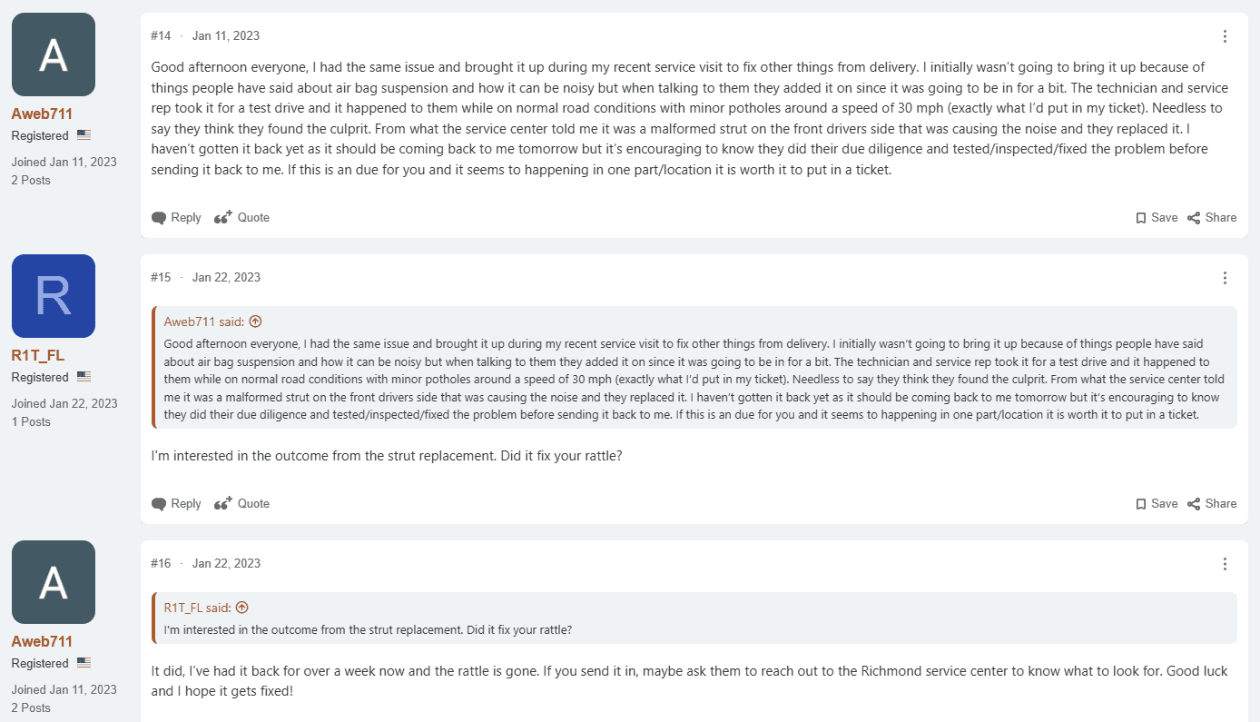 Front driver's side clunking noise - malformed front strut? | Rivian ...