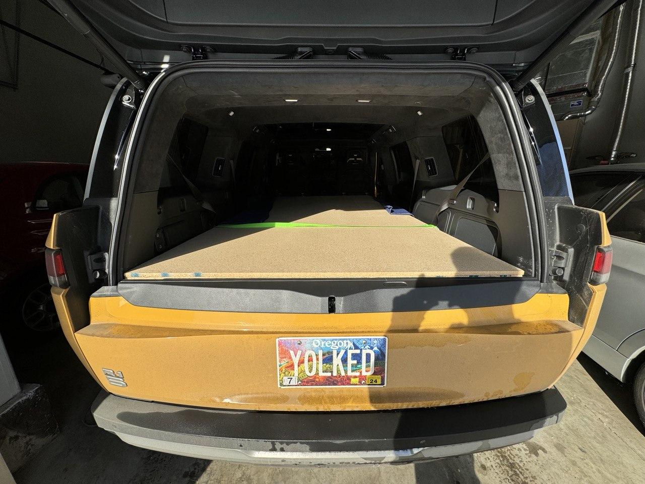 4x8 sheet of plywood fits with the gate closed. | Rivian Forum - R1T ...