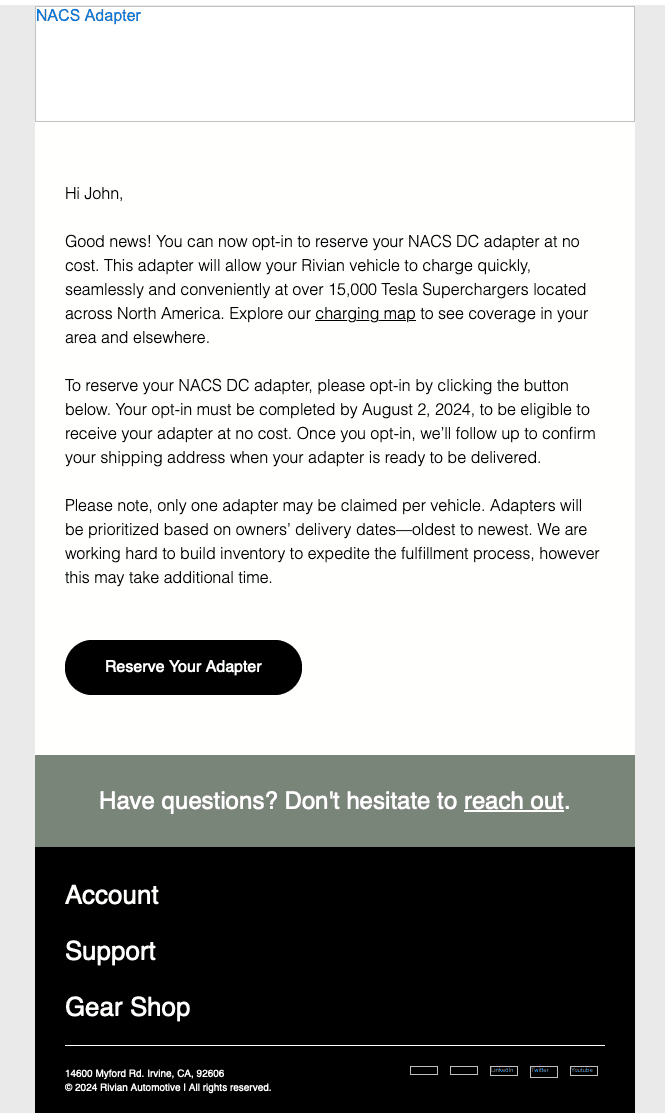 NACS Adapter reservation emails are now going out!!!! | Rivian Forum - R1T R1S R2 R3 News, Specs ...